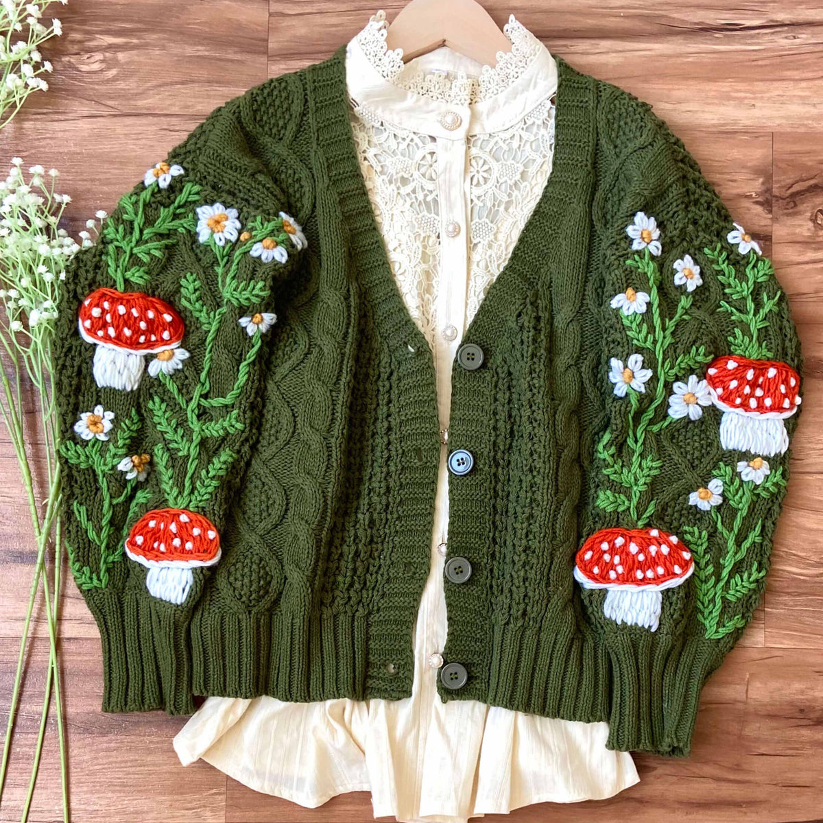 Cottagecore Mushroom Daisy Cardigan - Green – VintageMist