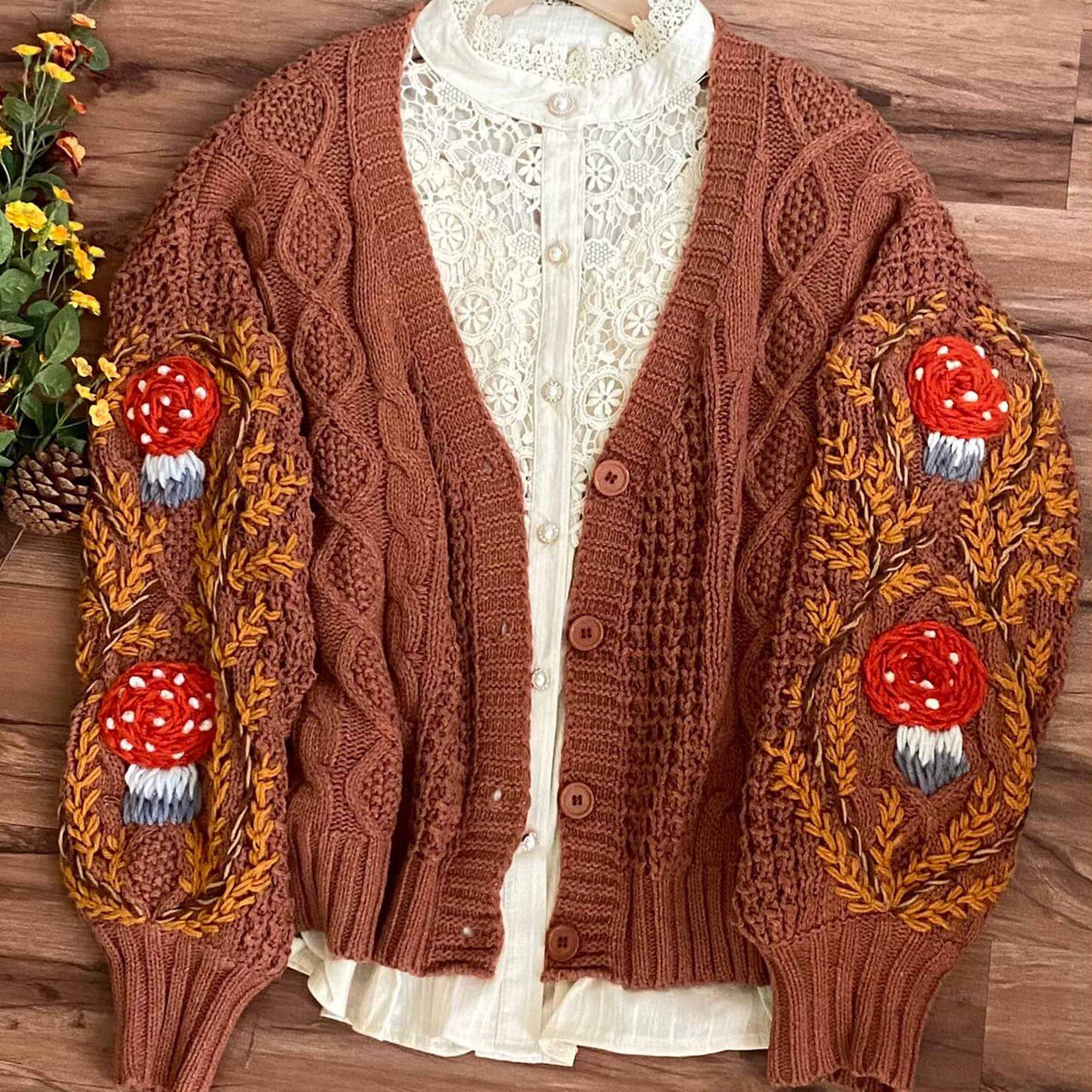 Cottagecore Mushroom Cardigan - Coffee – VintageMist