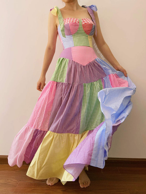Retro Plaid Corset Top Maxi Skirt Set - Multicolor – VintageMist